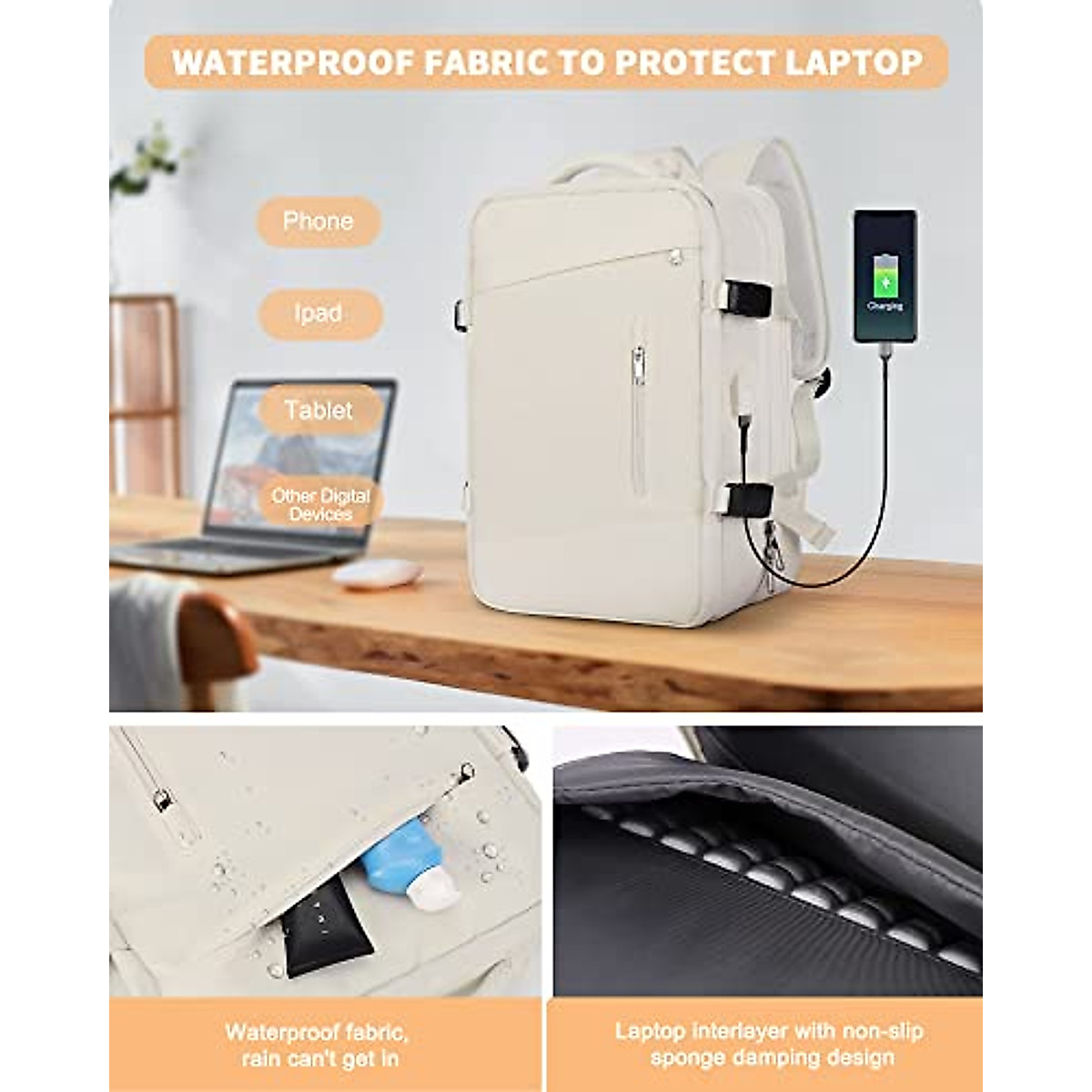 Large Travel Backpack for Women Carry On Airline Flight Approved Expandable Work Personal Item size Backpack Bag with Laptop compartment for College Men Hiking Waterproof Mochila de Viaje Beige