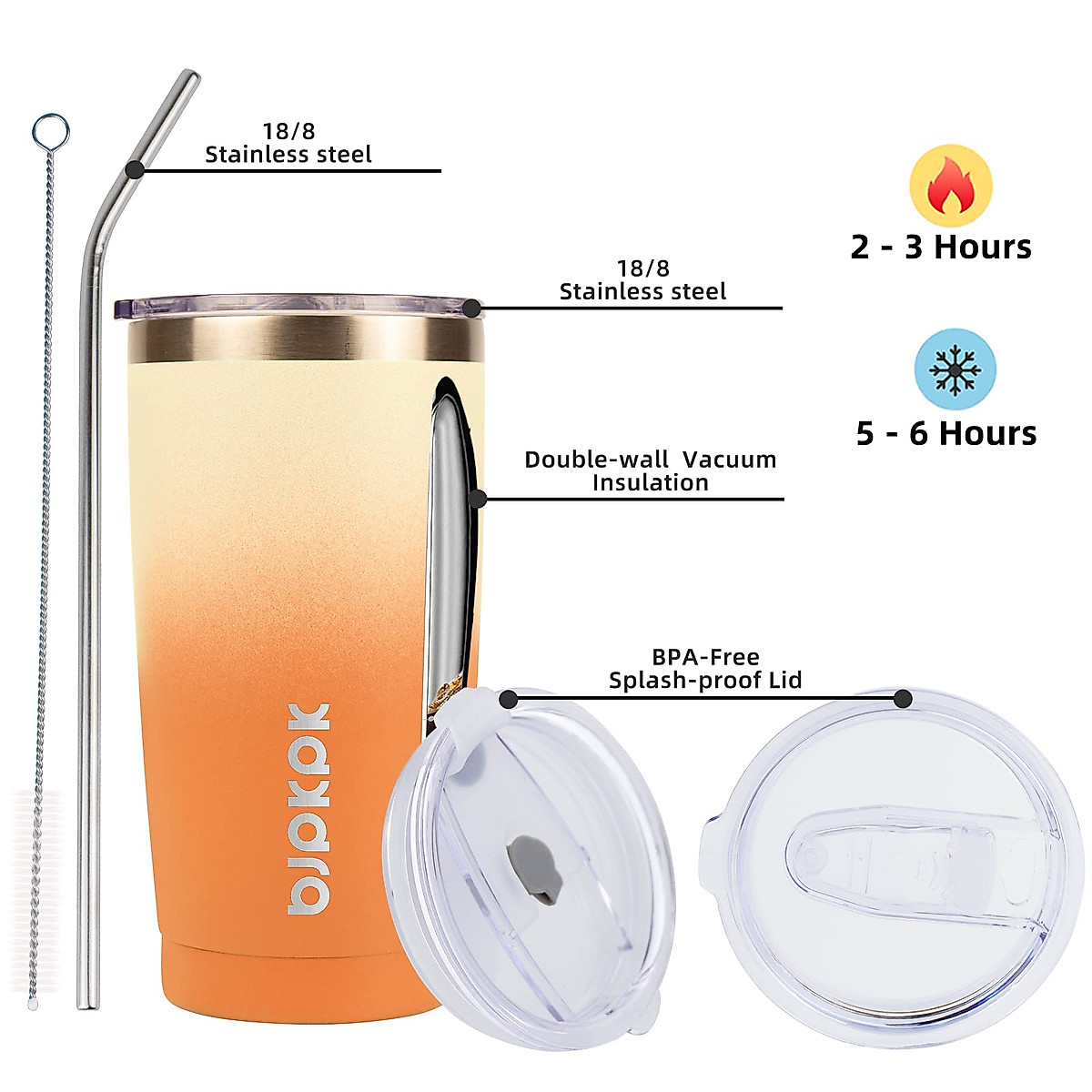 BJPKPK Tumbler with Lid and Straw, 20 oz Stainless Steel Vacuum Insulated Color Block Tumblers, Double Wall Ice Coffee Thermal Cup Travel Mug,Coral