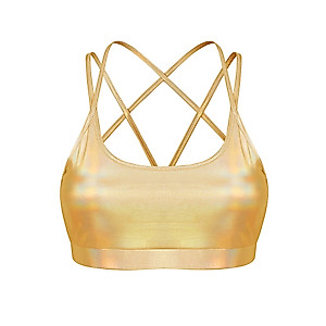 Freebily Women's Shiny Metallic Crop Top for Raves Dance Music Festivals Sports Bra Crisscross Back Workout Yoga Bra Gold Medium