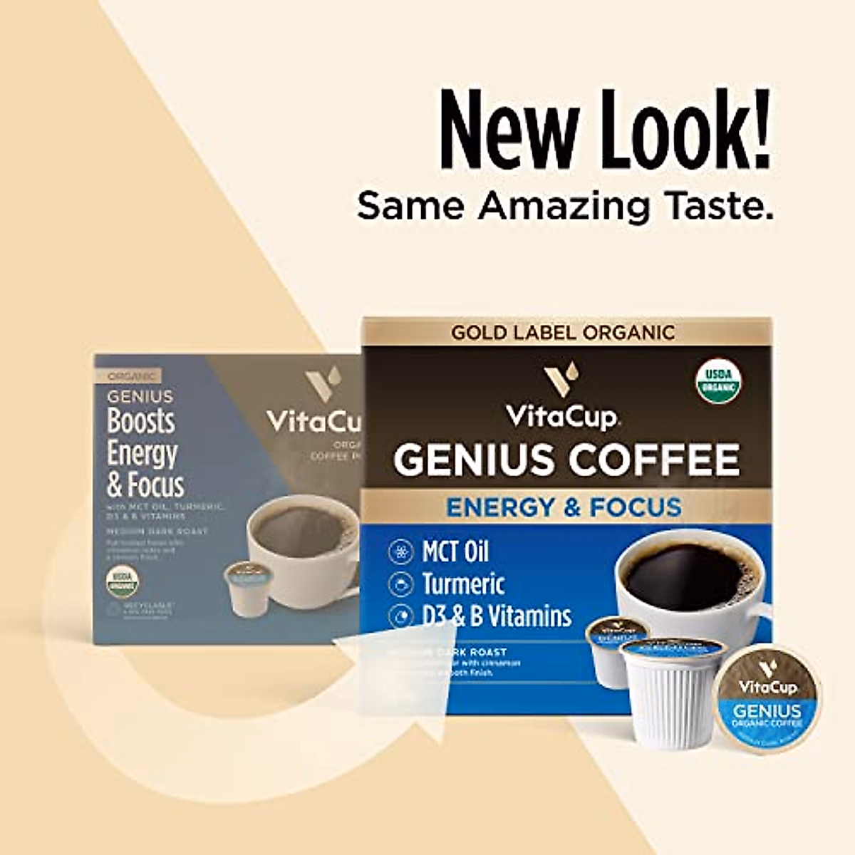 VitaCup USDA Organic Genius Keto Coffee Pods, Gold Label, Increase Energy & Focus with MCT Oil, Turmeric, B Vitamins, D3, Recyclable Single Serve Pod Compatible with Keurig K-Cup Brewers,16 Ct