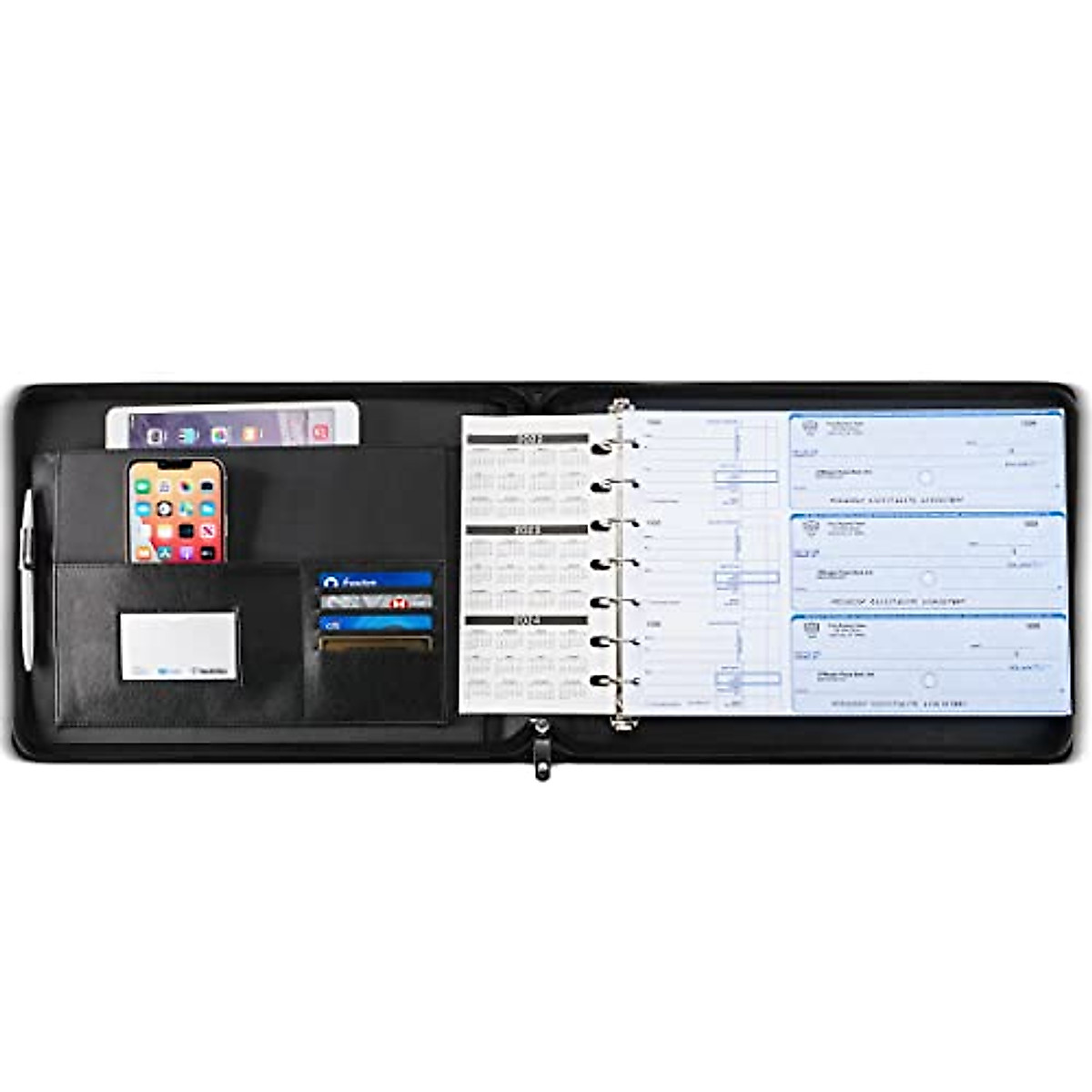 Inkline 7 Ring Check Binder Portfolio -Professional PU Leather Binder with Zippered Closure -500 Check Capacity -9x13 Inch Sheets -Document & Card Organizer - Large Tablet Pocket - Black (80013)