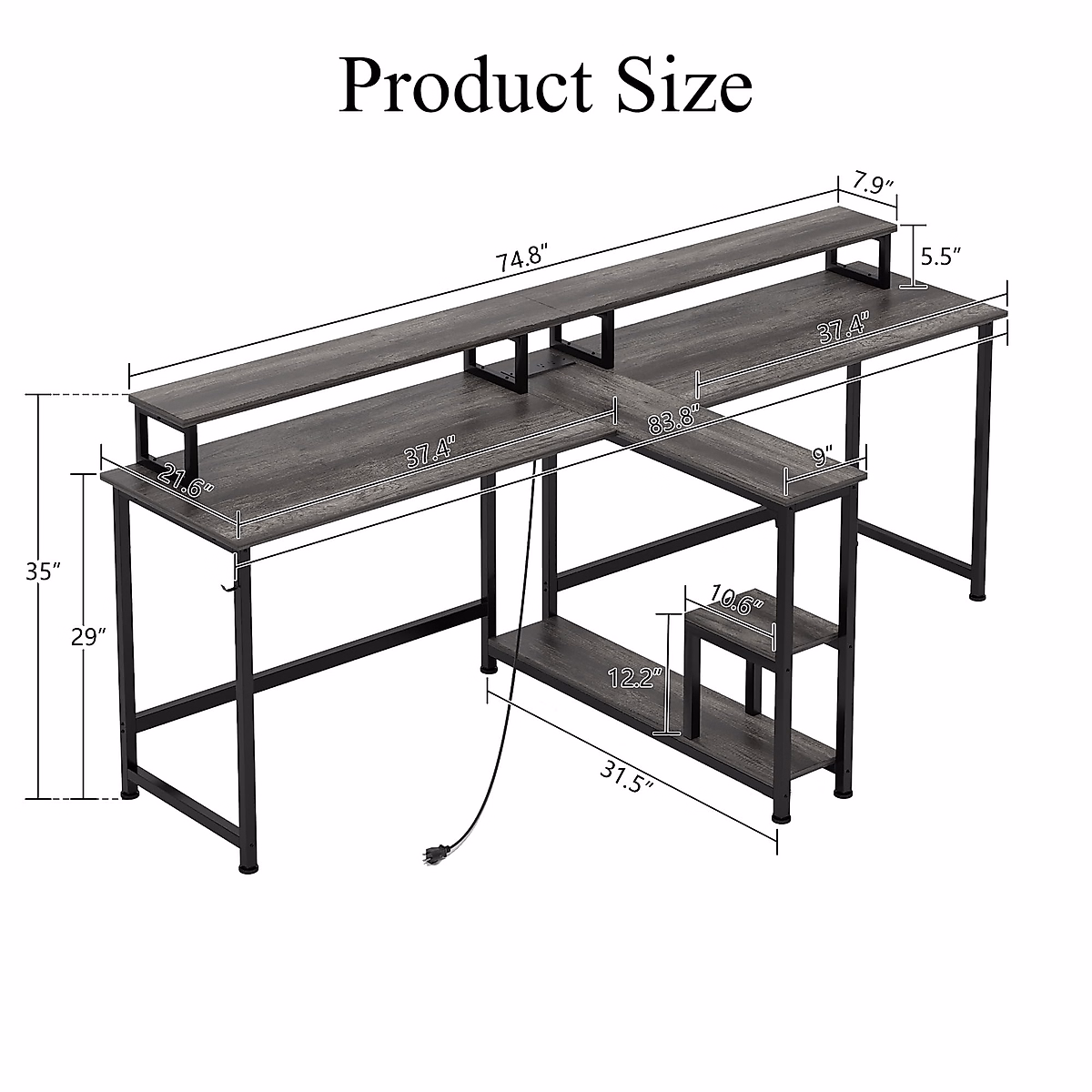 COTUBLR Two Person Desk with Monitor Stand, 83.7 Inch Extra Long Computer Desk 2 Person Desk with Storage Shelves, Double Long Desk Study Writing Desk Workstation for Home Office, Grey Oak
