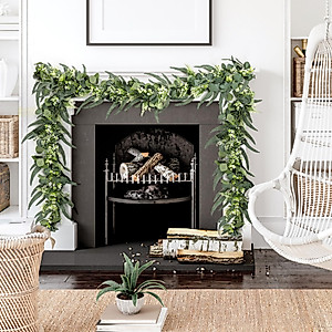 Dremisland Eucalyptus Garland with Long Willow Leaves 2 Packs 5.9Ft Silver Dollar Boston Fern Greenery Garland White Flowers Eucalyptus Vines for Wedding Party Mantle Table Runner Home Decor (4PCS)