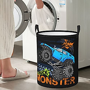 Gbuzozie Monster Truck Print Round Laundry Hamper Storage Basket Toys Clothes Organizer Bin For Home Bathroom Bedroom Dorm Nursery, 38l