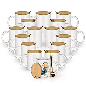 AGH 16pcs 11 Oz Sublimation Mugs Blank, White Coffee Ceramic Mugs Bulk, Plain Mug Cups for Sublimation with Bamboo Lids and Stainless Steel Spoon For Coffee, Soup, Tea, Milk, Latte, Hot Cocoa