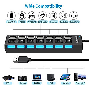 Multi Port USB Splitter, 7 in 1 USB Port 2.0 Hub with High Speed Individual ON/Off Switches and LEDs USB Port Expander (7-Port USB)