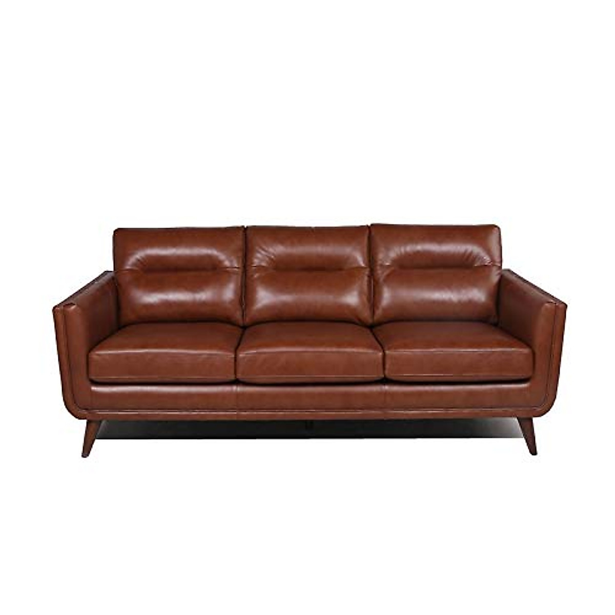 BOWERY HILL Mid Century Top Grain Leather Sofa, 3 Seater Modern Tufted Couch with Wood Legs for Living Room, Camel Brown