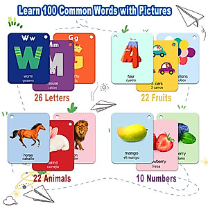 JONZOO Bilingual Baby Flash Cards, 100 Pages Toddler Flashcards with Rings & Holes, Educational Toy for Kids Baby Toddlers Over 6 Months Learn ABCs/Language/Numbers/Animals/Fruits(Visual Cards)