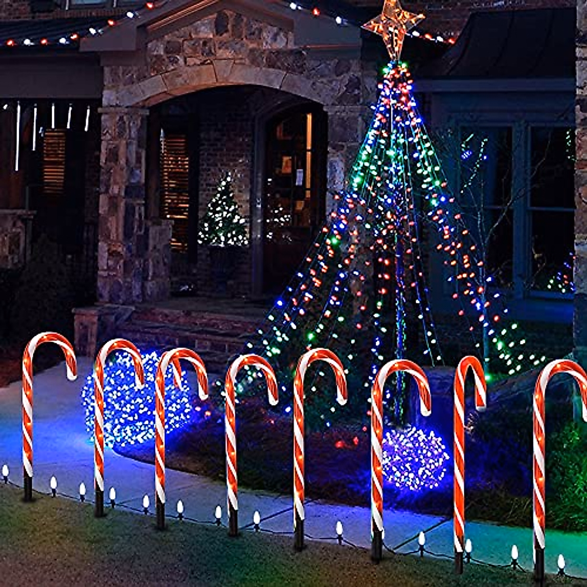 Dazzle Bright 16" 10 Pack Christmas Candy Cane Pathway Markers, 60 LED Outdoor Waterproof Candy Light with 8 Modes for Walkway Garden Lawn Christmas Decorations