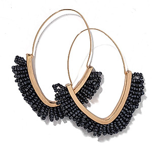 Beaded Dangle Earrings – V-shaped Beaded Earrings Statement Beaded Drop Fringe Earrings, Boho Handmade Bead Tassel Earrings Jewelry Gift for Women(Black)