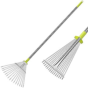 Adjustable Garden Leaf Rake 5.5ft, Collapsible Metal Yard Rake for Leaves with Expandable Head 7-16", Collect Loose Debris for Lawns Camping Shrubs and Rose Bushes Heavy Duty