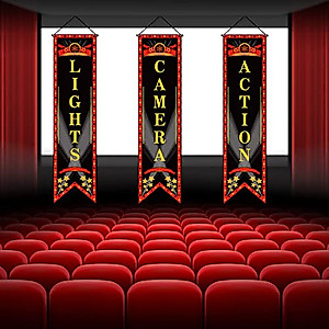 Tegeme Movie Night Porch Sign Banner Theme Party Decorations Theater Welcome Now Showing Lights Camera Action Hanging for Home Film Backdrop Supplies (Delicate Style, 3 Pieces)