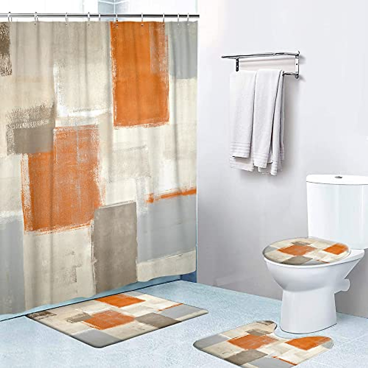 LOKMU 4 Pcs Shower Curtain Sets with Non-Slip Rugs, Toilet Lid Cover and Bath Mat,Gray Beige and Orange Abstract Brown White Waterproof Shower Curtain with 12 Hooks, Bathroom Decor Sets, 72" x 72"