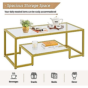 Yaheetech Rectangular Coffee Table, Tempered Glass Coffee Table with 2 Tier Storage Shelf, Modern Center Tea Table with Heavy-Duty Metal Frame for Home Living Room, Gold