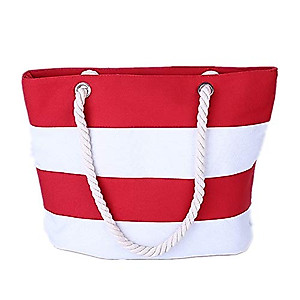Muka Women Striped Canvas Tote Shoulder Beach Bag with Inner Zipper Pocket and Rope Handle for Travel, Shopping-Red/White