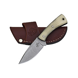Knives Ranch Fixed Blade Hunting Knife - Full Tang EDC Knife - Damascus Skinning Knife - Bone Handle and Heavy Duty Horizontal Carry Sheath Snug Fit (4402-B)