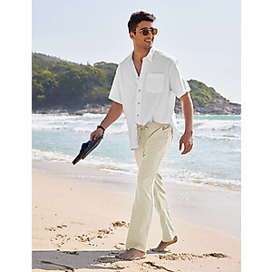 COOFANDY Men's Linen Beach Pants Loose Fit Drawstring Casual Pants Lightweight Baggy Cotton Trousers, Beige, X-Large