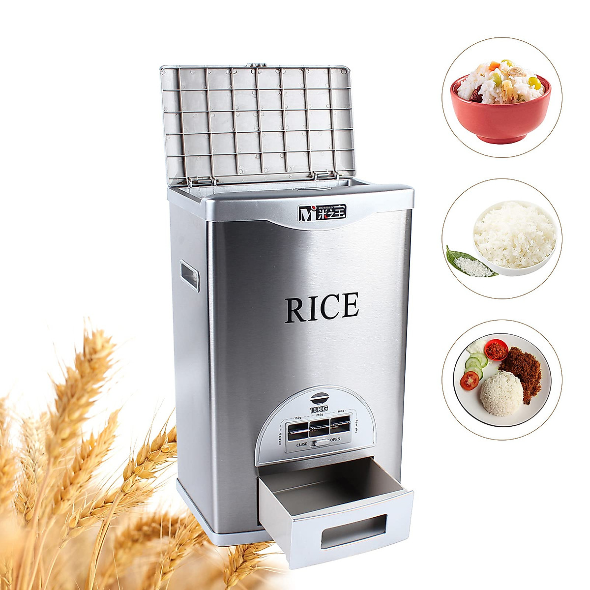 Auto Rice Dispenser, 15kg/33lb Capacity Rice Storage Container Stainless Steel+ABS Large Grain Dispenser 100g/150g/250g Automatic Rice Dispenser for Small Grains, Beans, Rice (Rice not included)