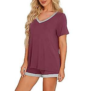 PrinStory Women's Pajama Set Short Sleeve Shirt and Shorts Sleepwear Pjs Sets with Pockets Purple Red-X-Large