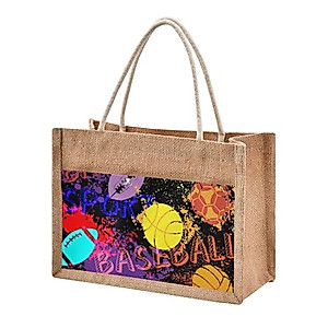 Jute Tote Burlap Bag Basketball Sports Football Volleyball Hippie Colorful Gift Bag Women DIY Work Grocery Storage Bag