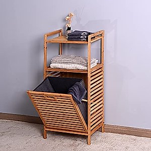 Tilt Out Laundry Hamper Cabinet with 2-Tier Storage Shelves, Removable Clothes Basket with Easy Carry, Bamboo Tower Hamper Organizer for Bathroom, Bedroom, Laundry Room, Closet, Nursery
