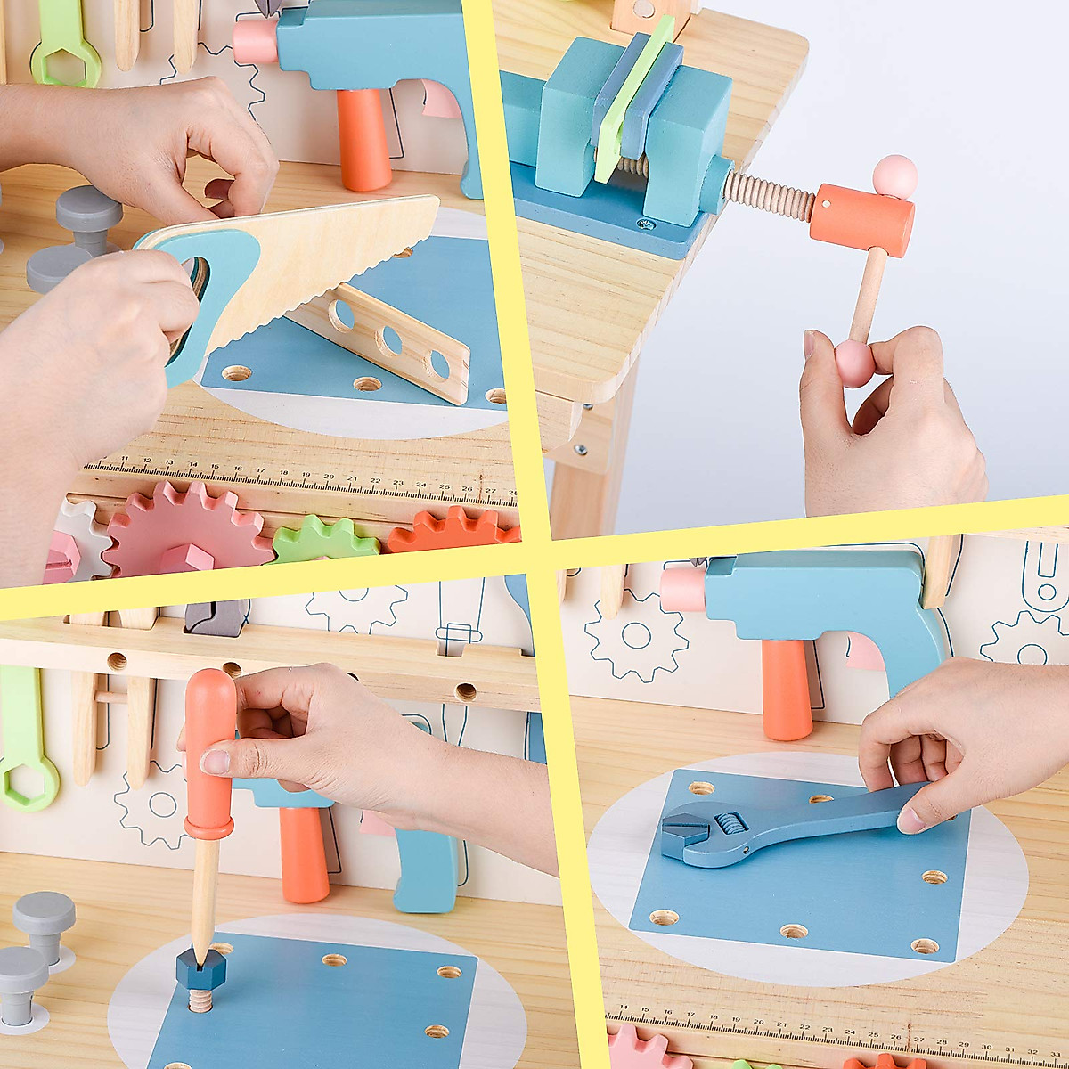 Tool Bench for Kids Toy Play Workbench Wooden Tool Bench Workshop Workbench with Tools Set Wooden Construction Bench Toy for 3 4 5 Year Boys Girls