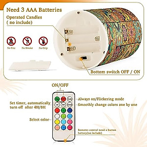 JULYTO Flameless Candles with Remote and Timer Boho Tile Abstract Patchwork Battery Operated Candles Set of 2 Beautiful Flower Flickering Pillar Led Fake Candles for Halloween Christmas Wedding Decor