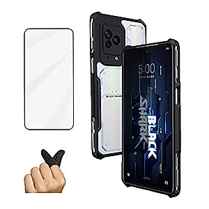 Nabefamu Xiaomi Black Shark 5 Pro Case with [1 Tempered Glass & 4 Gaming Finger Sleeves], Clear Acrylic Back Cool Design,Anti-Drop and Anti-Scratch,Camera Protection - Laser Black