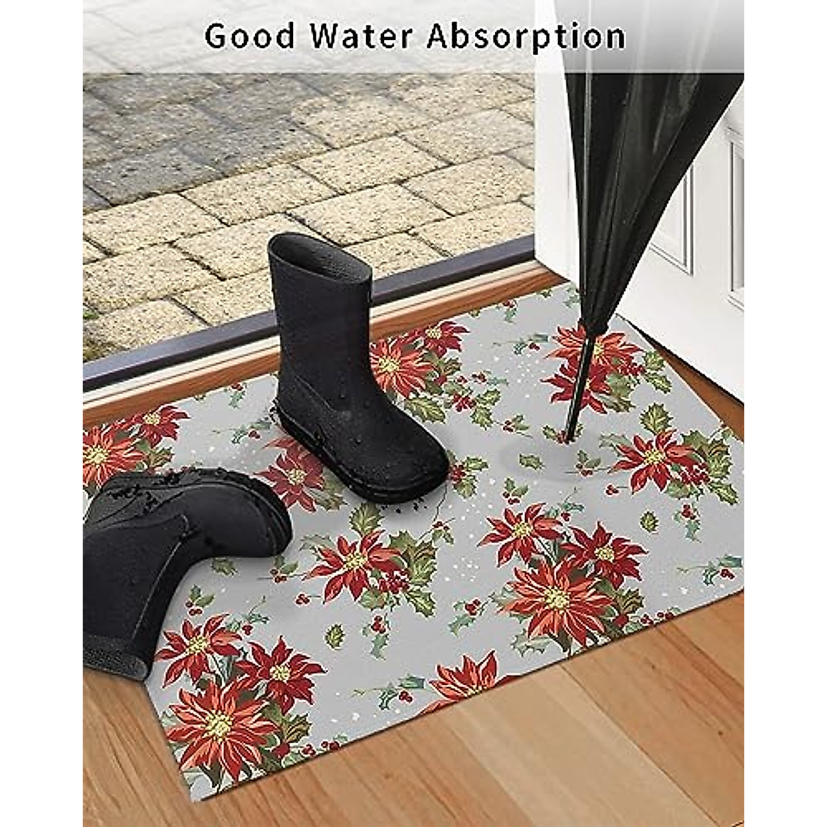 Indoor Outdoor Mats, Christmas Flowers and Leaves Tile Pattern Door Mat, Non-Slip Absorbent Resist Dirt Entrance Mat Washable Welcome Mats for Entryway, Low-Profile Floor Mats