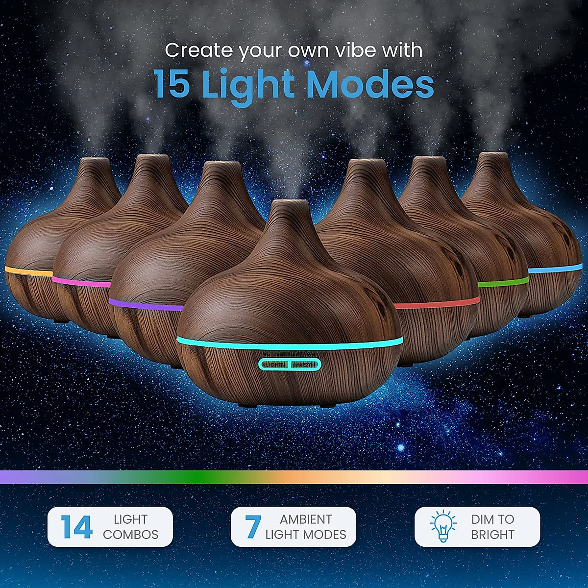 Ultimate Aromatherapy Diffuser & Essential Oil Set - Ultrasonic Diffuser & Top 10 Essential Oils - 300ml Diffuser with 4 Timer & 7 Ambient Light Settings - Therapeutic Grade Essential Oils Dark Oak