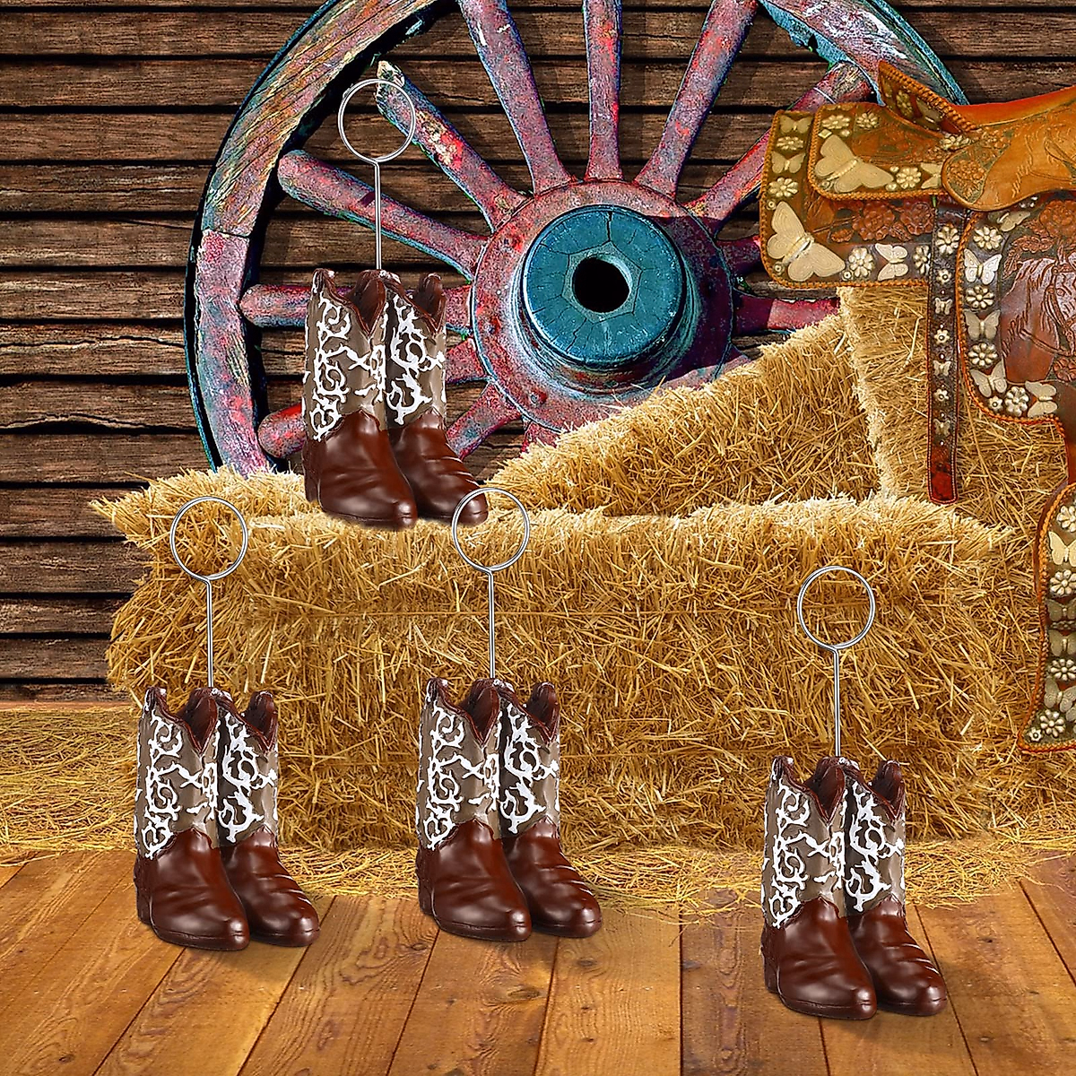 Tatuo 6 Pcs Cowboy Boots Table Number Holders Cute Photo Balloon Place Card Holder Cute Table Number Stands Picture Menu Memo Clips for Food Signs Party Wedding Anniversary Decorations (Dark Brown)