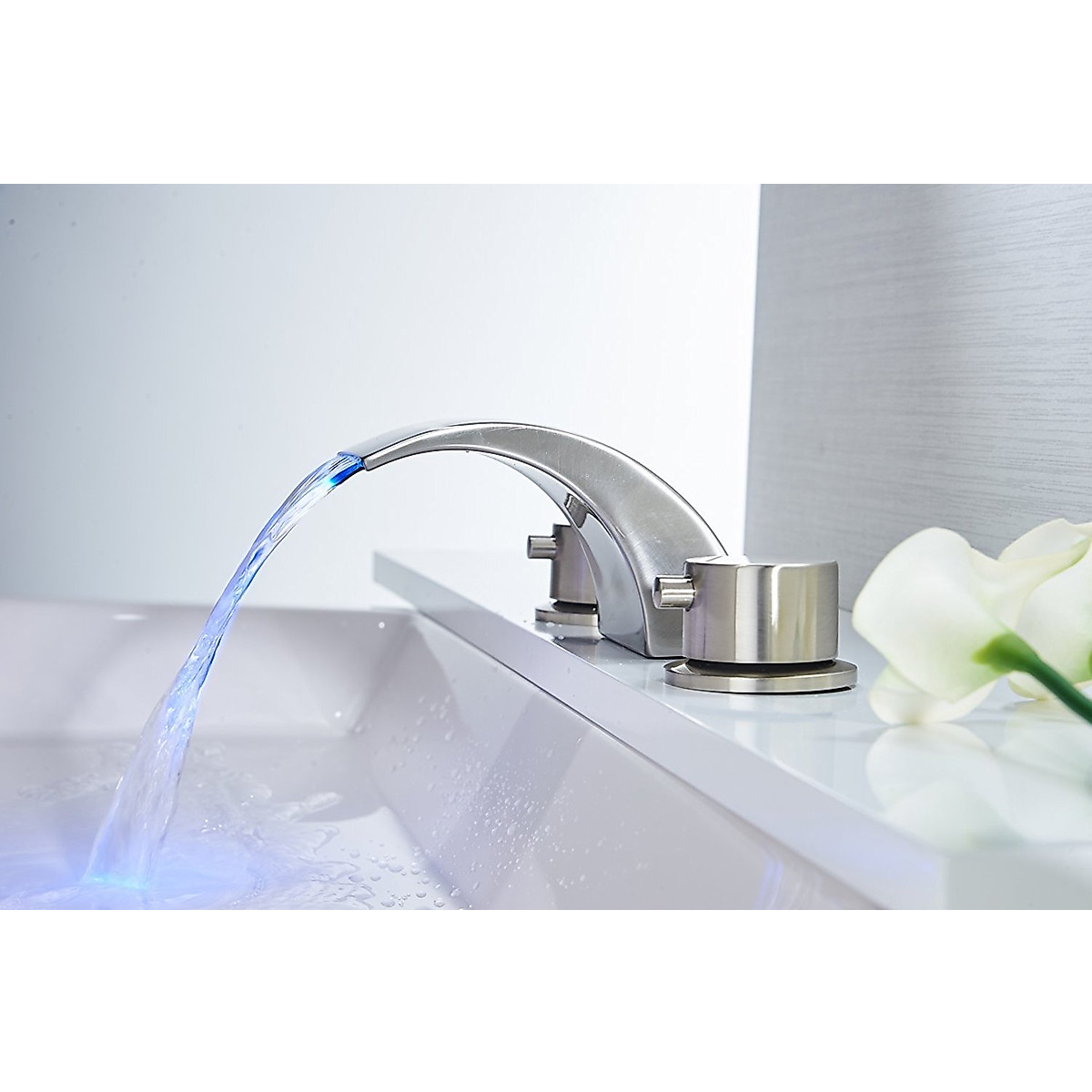 Bathfinesse 8-16 Inch LED Light Faucet Widespread Bathroom Sink Faucet Waterfall Vanity with 3-Color Changing 3 Holes with 2-Handles T Commercial Brushed Nickel Deck Mount Lavatory Faucets