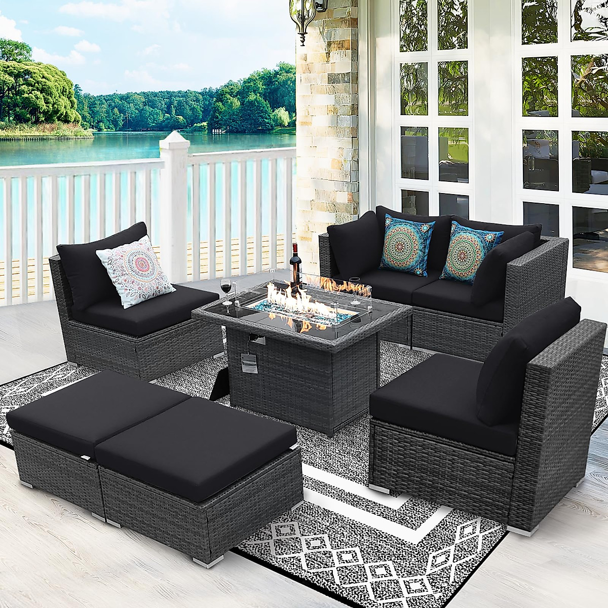 BULEXYARD Large High Back Grey Rattan Patio Furniture Set with Propane/Gas Fire Pit Table, Luxury Deep Wide Seat Outdoor Sectional Sofa, Modern Wicker Modular Conversation Couch (7Pcs, Black)
