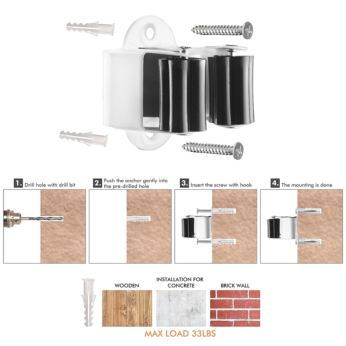 Adhesive Broom Holder Wall Mount - 9 Pack White Mop Hanger Cleaning Tools Handle Grippers Organizers - Heavy Duty Metal Broom Clip Hooks for Laundry Room Utility Closet Garage Garden Bathroom