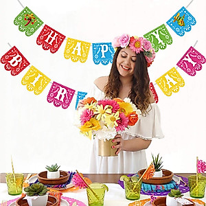 Joy Bang Fiesta Birthday Banner Decorations, Mexican Theme Party Decor, Cinco de Mayo Happy Birthday Banner Papel Picado Garland, Feliz Cumpleaños Banner for Kids Adults, Fiesta Party Favor Supplies