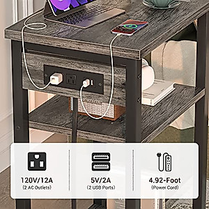 Cyclysio End Table Set of 2 with Charging Station, 3 Tier Small Nightstand with Storage Shelf, Slim Side Table with USB Ports & Outlets, Modern Sofa Bedside Table for Bedroom, Living Room, Gray Oak