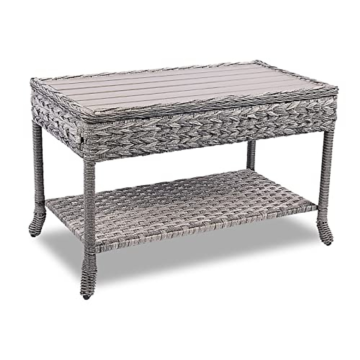 Koruiten Wicker Outdoor Coffee Table with Storage Shelf, All Weather Resin Rattan Patio Coffee Table with Wood Top for Outside Porch Backyard