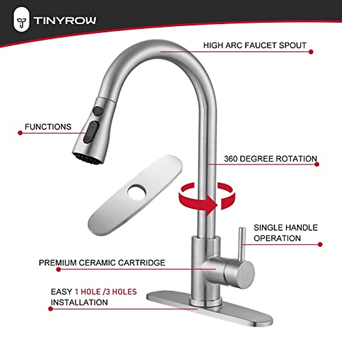 TINYROW Kitchen Faucet with Pull Down Sprayer Kitchen Sink Faucet Brushed Nickel, Single Handle Stainless Steel Kitchen Sink Faucets