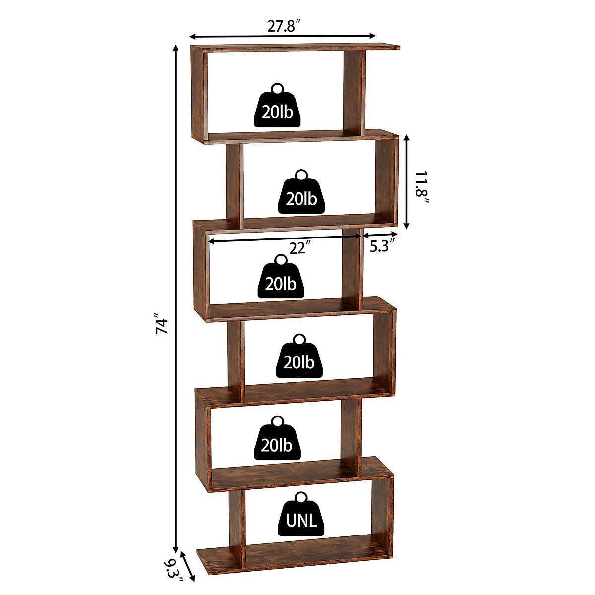 Yusong Geometric Bookcase, Bookshelf 6-Tier S Shaped Book Shelves for Bedroom, Modern Wood Decorative Display Shelf Tall Book Case for Home Office, Rustic Brown