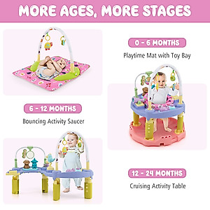 BABY JOY Baby Bouncer Activity Center, 3 in 1 Activity Center & Table | Infant Play Mat, Bouncing Activity Saucer w/Music, 3 Adjustable Height, 360° Seat, Exersaucer for Babies 0-24 Months (Pink)