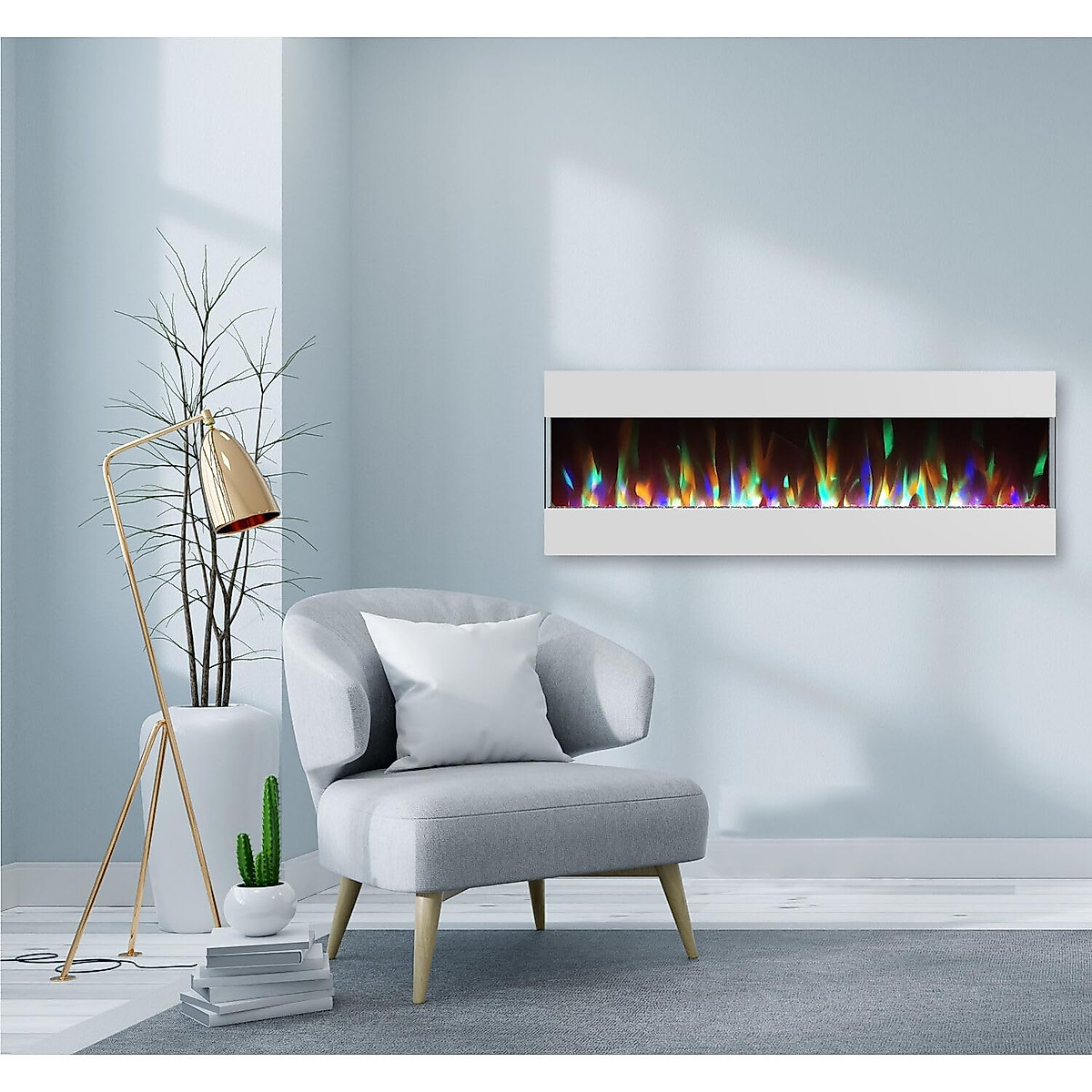 Cambridge 60" Recessed Wall Mounted Electric Fireplace with Realistic Multi-Color Flame & Crystal Rock Display, White Panel Wall Fireplace with Remote Control & Adjustable Heat, Modern Home Heating