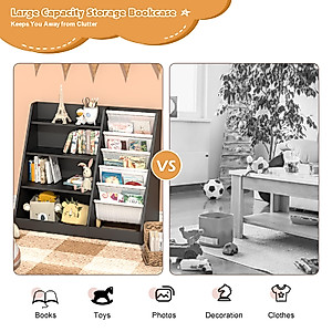 NACHES Montessori Kid Bookshelf Toddler Bookcase Cabinet Children Book Rack Display Toy Storage Organizer 4 Tier 5 Sling Deep Sleeves Classroom Bedroom Nursery Playroom Wood (Black)