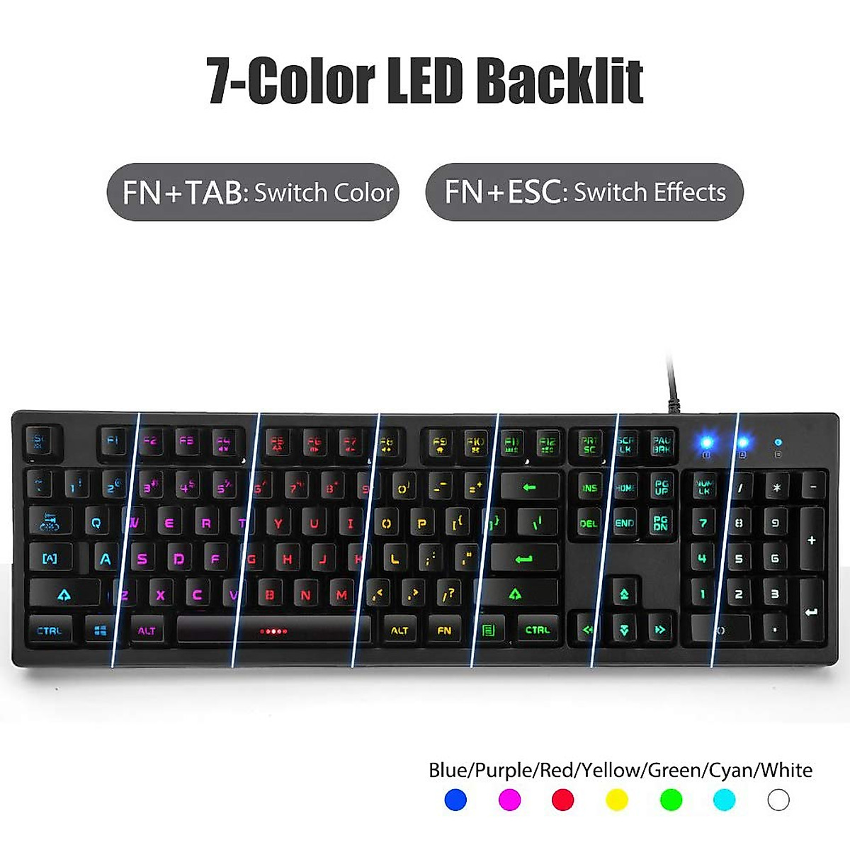 Basaltech Mechanical Feeling Keyboard with LED Backlit, 104-Key Quiet Membrane Keyboard for Gaming or Office, Ergonomic Silent Water-Resistant Light Up Wired USB for Computer,Mac,Laptop