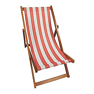MONSTRUNO Beach Chair Wood Sling Red Stripe Patio Chair, Recliner Camping Chairs, Folding Lounge Chair, Adjustable Backrest, 220 Lbs Weight Capacity