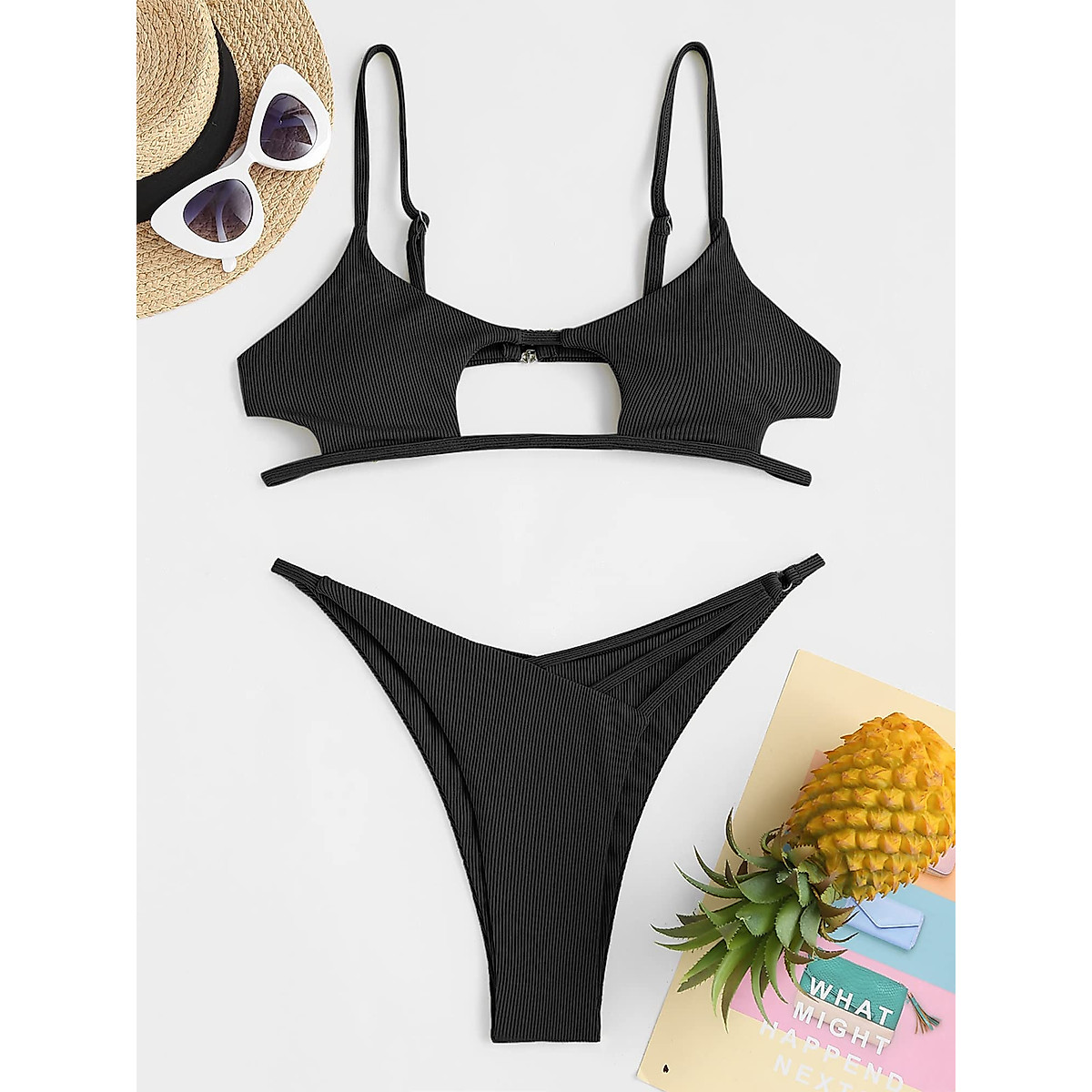 ZAFUL Women's Sexy Cutout Bikini Thong Bikini Set Tie Back Two Piece Swimsuit Bathing Suit (0-Black,M)