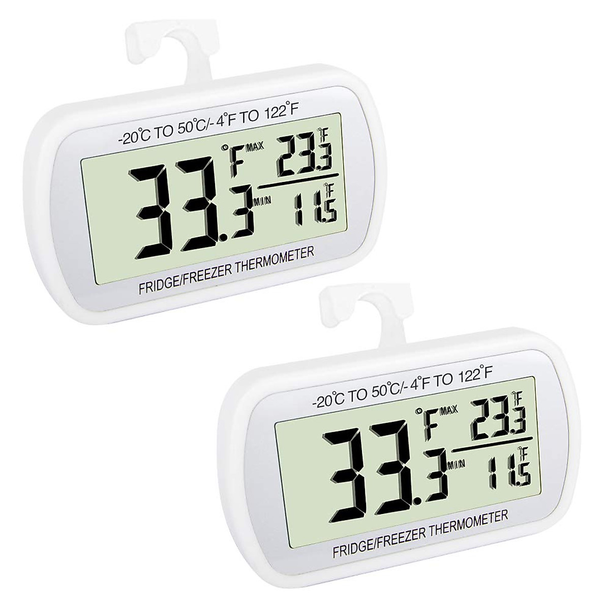 Waterproof Refrigerator Fridge Thermometer, Digital Freezer Room Thermometer , Max/Min Record Function Large LCD Screen and Magnetic Back for Kitchen, Home, Restaurants (2 Pack)