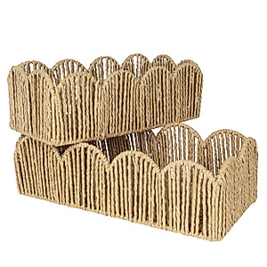 Sunlit Natural Fibre Farmhouse Storage Baskets, Hand Woven Bathroom Storage Boxes, Boho Toilet Paper Tank Basket, Decorative Storage Bins for Countertop, Bathroom Organizer Set of 2, Wavy, Natural