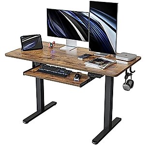 FEZIBO Height Adjustable Electric Standing Desk with Keyboard Tray, 48 x 24 Inches Sit Stand up Desk with Splice Board, Black Frame/Rustic Brown Top