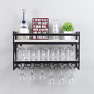 MBQQ Wine Rack Stemware Glass Rack,Industrial 2-Tier Wood Shelf,24in Wall Mounted Wine Racks with 6 Glass Holder for Wine Glasses,Mugs,Home Decor,Black