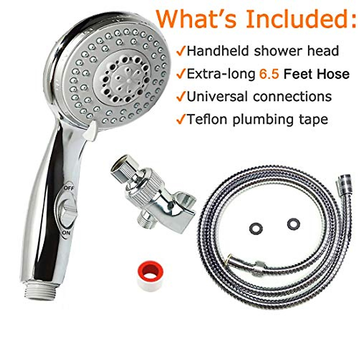 HauSun Handheld Shower Head with On/Off Switch - 5 Spray Settings 6.5 Feet Extra Long Hose High Pressure with Bathroom Faucet Kit - Universal Adapter Holder Mount for Wall,Chrome Finish
